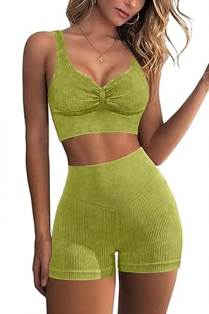 Amazon.com: QINSEN Workout Outfits for Women 2 Piece Ribbed Seamless Padded Sport Bra High Waist ...