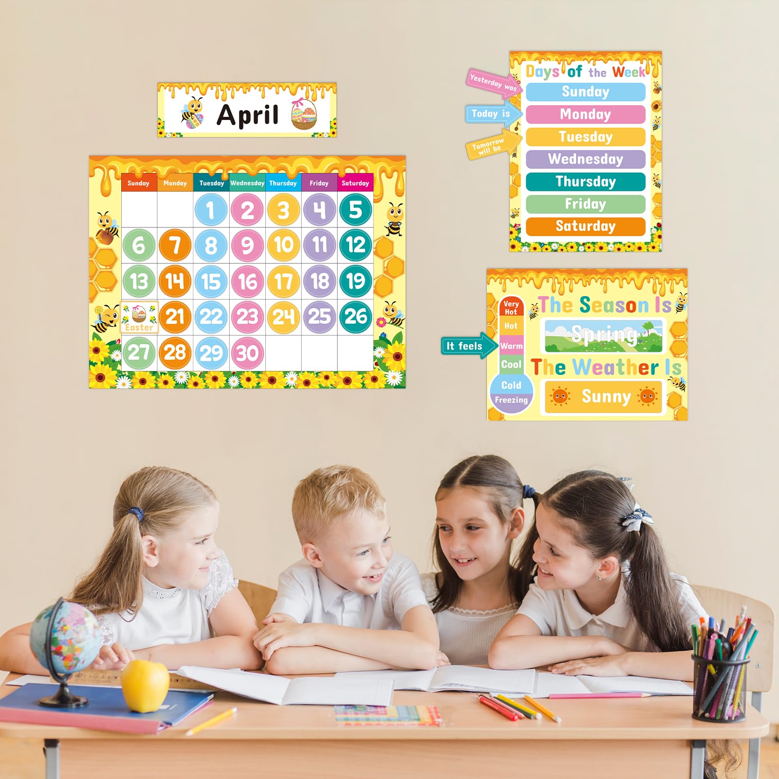 Class Calendar DIY Honeybee And Flowers Bulletin Board Kit, Spring Door ...