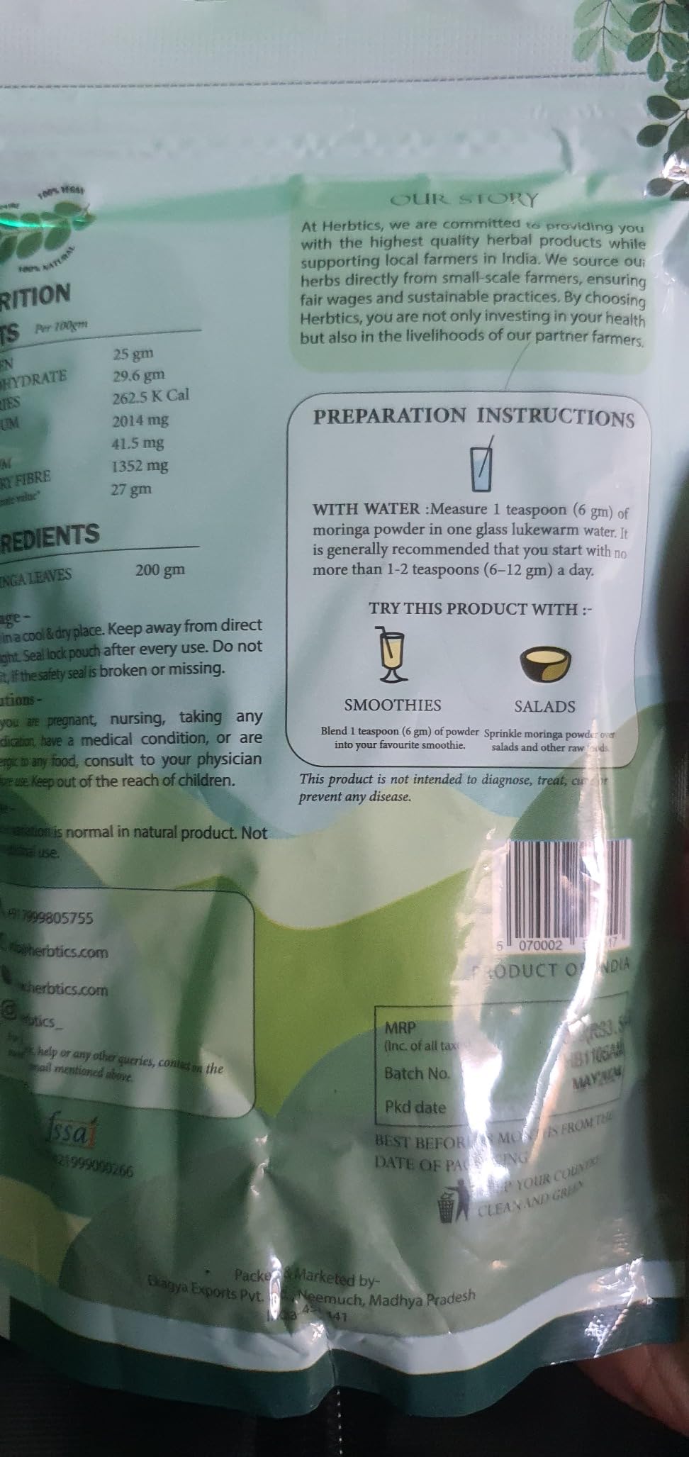 Herbtics Moringa Powder 200 Grams | Pure and Natural | Miracle tree ...
