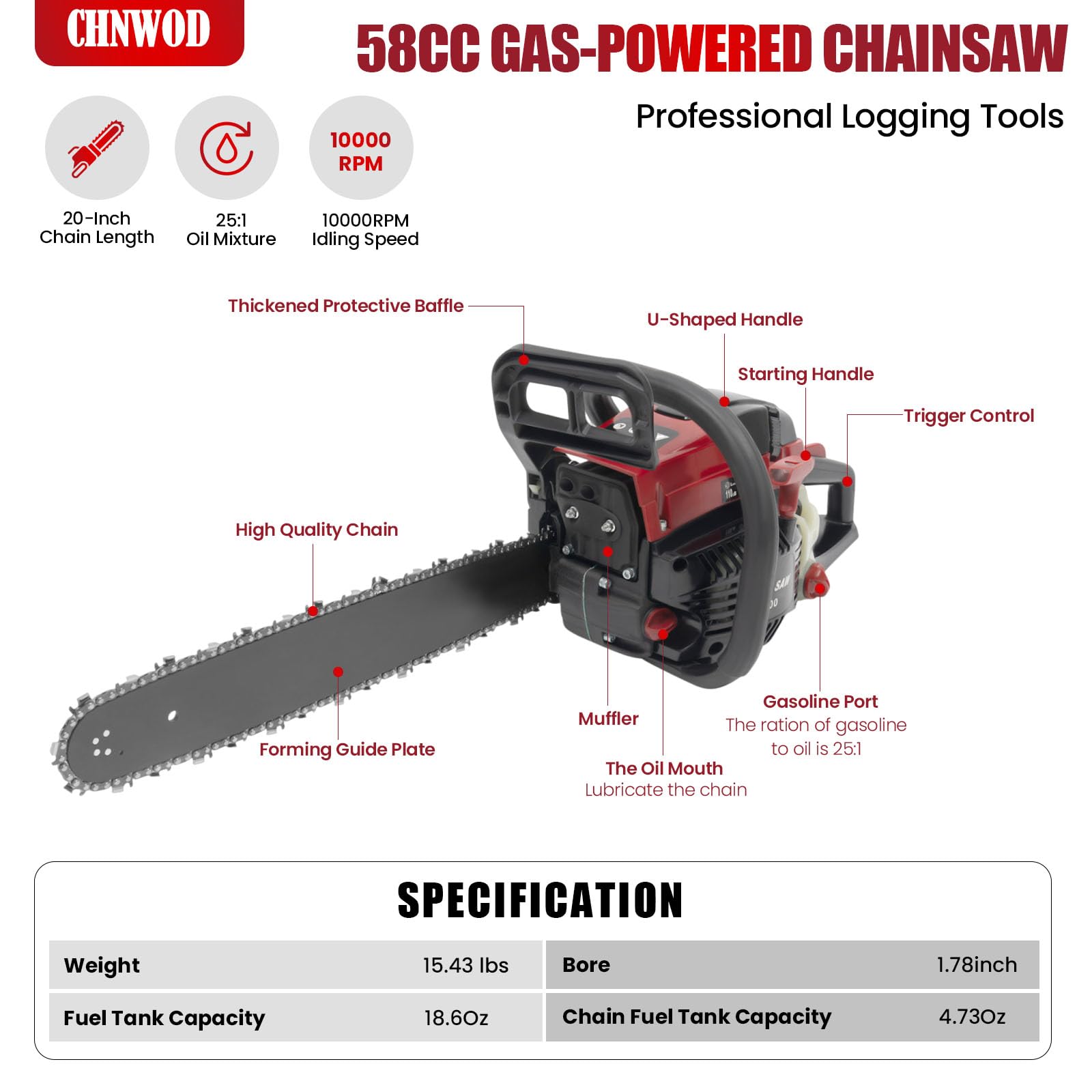Snapklik.com : 58CC 2-Cycle Gas Powered Chainsaw, 20-Inch Top Handle ...