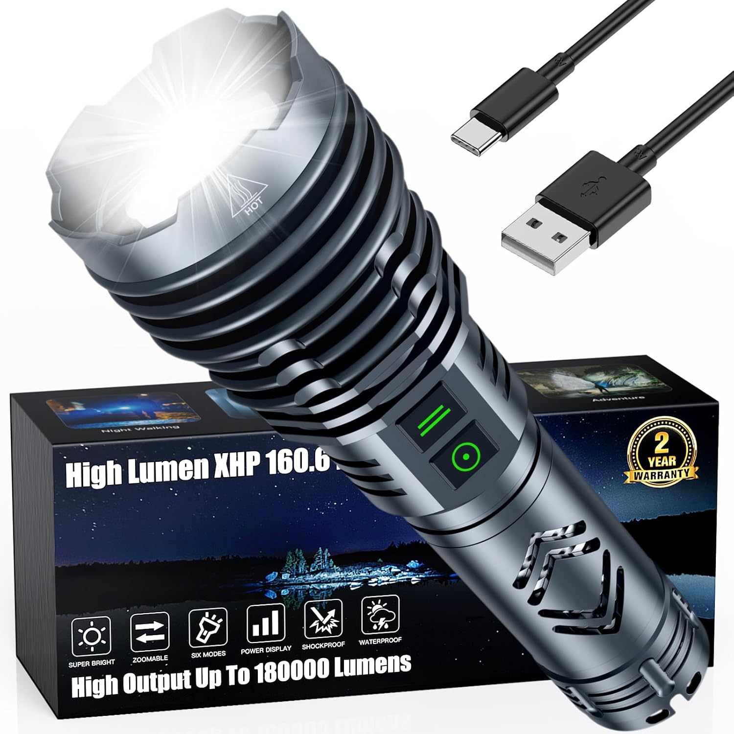 Rechargeable Flashlights 180000 High Lumens,XHP160.6 Super Bright LED ...