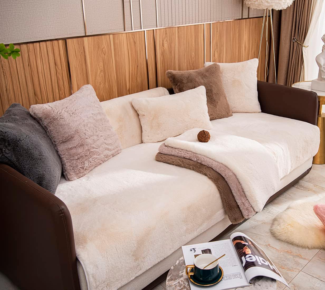 Amazon.com: vctops Luxury Faux Rabbit Fur Sofa Couch Cover Fuzzy Fluffy ...