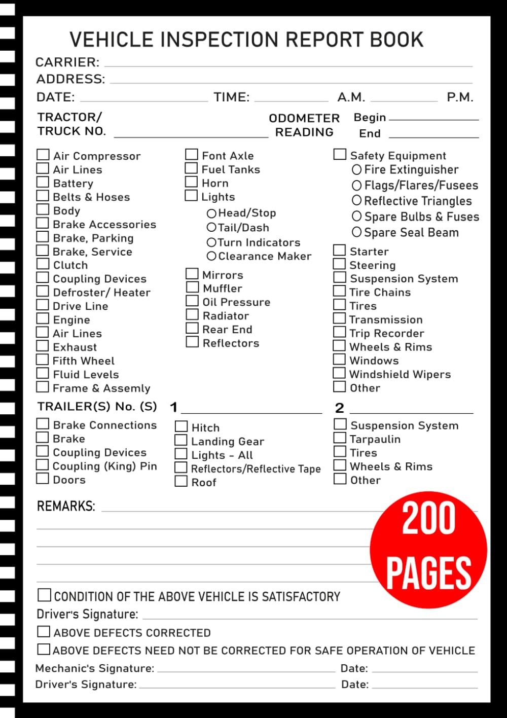 Driver Vehicle Inspection Report Book: Vehicle's Daily Inspection ...