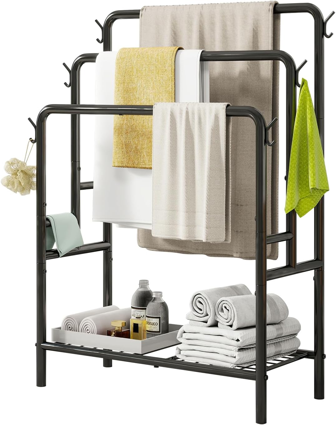 VERFARM Tall Freestanding Towel Racks with 6 Hooks, 3 Tier Towel Stand ...
