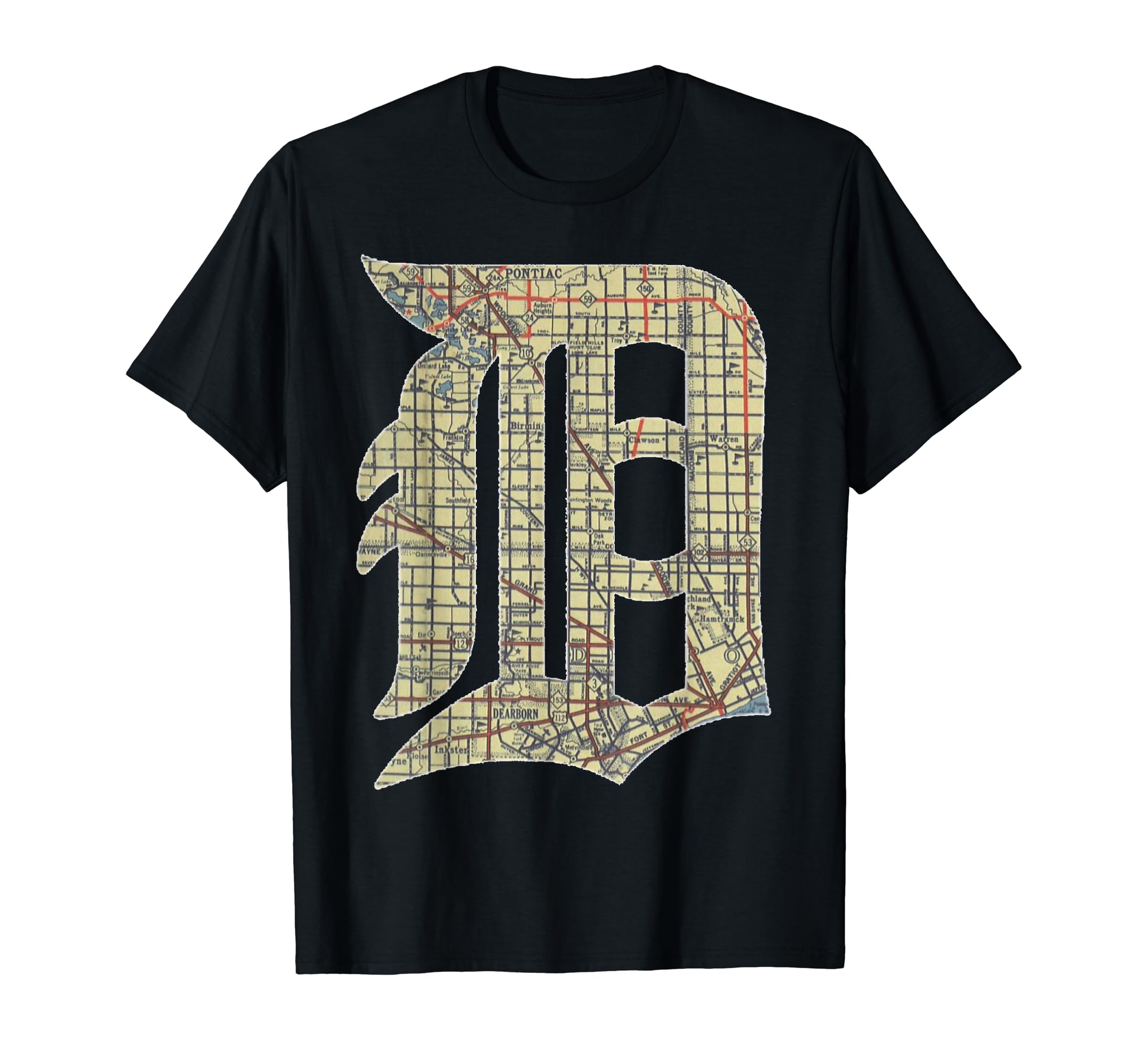 Amazon.com: Detroit City Map Old English D T-Shirt T-Shirt : Sports ...