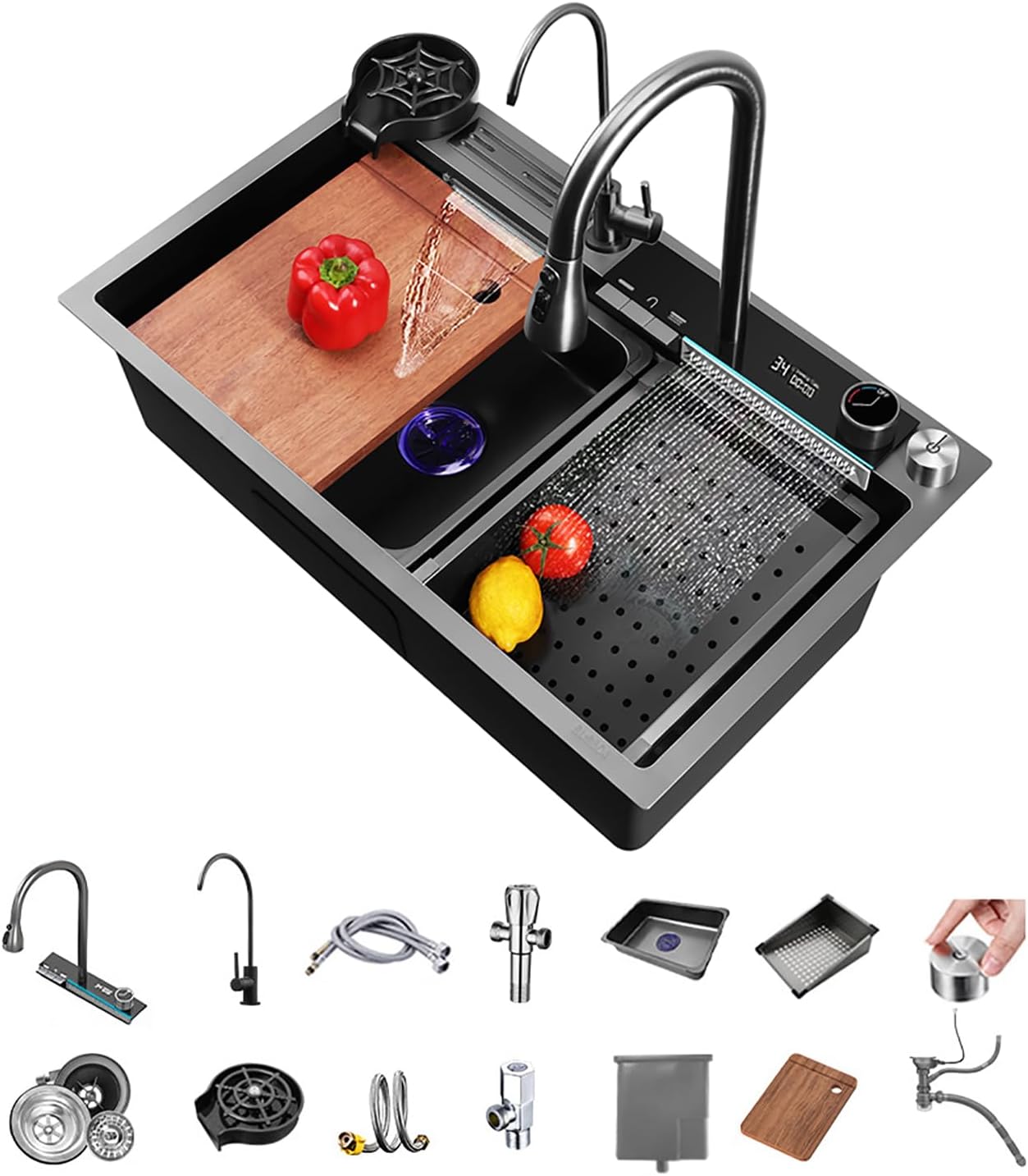 Sinkple NIAGARA Waterfall Kitchen Sink Set with Rainfall Faucet and ...