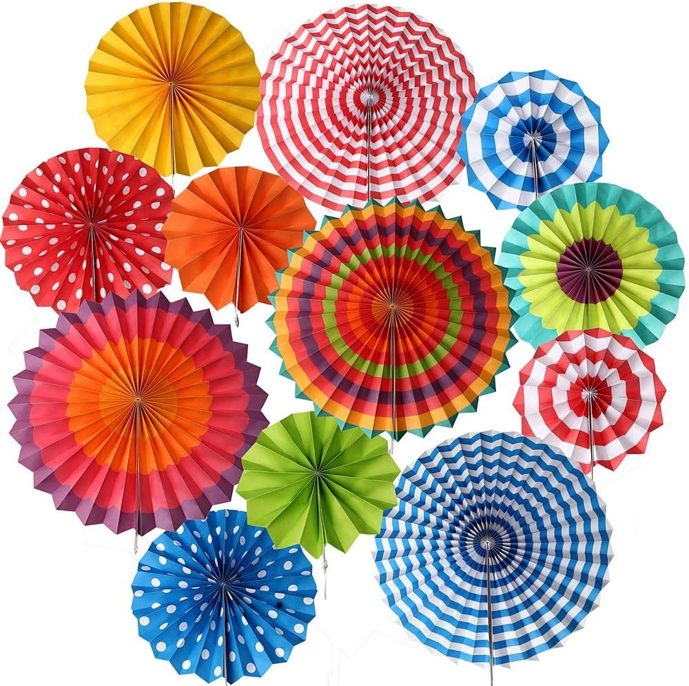 Kuou 12Pcs Hanging Paper Fans, Tissue Paper Fan Decorations, Rainbow ...