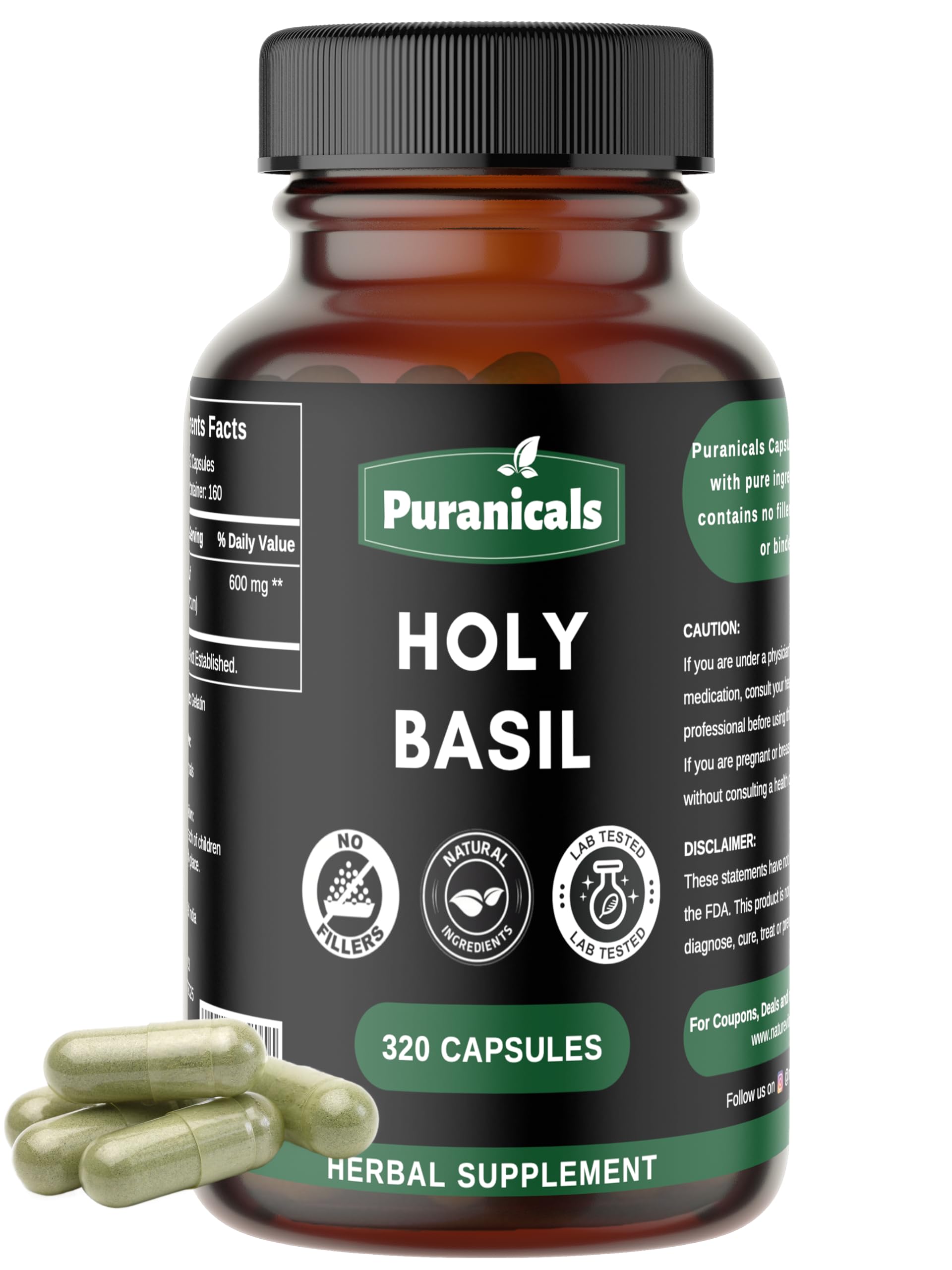 Amazon.com: Puranicals Holy Basil Premium 320 Capsules Non GMO and ...