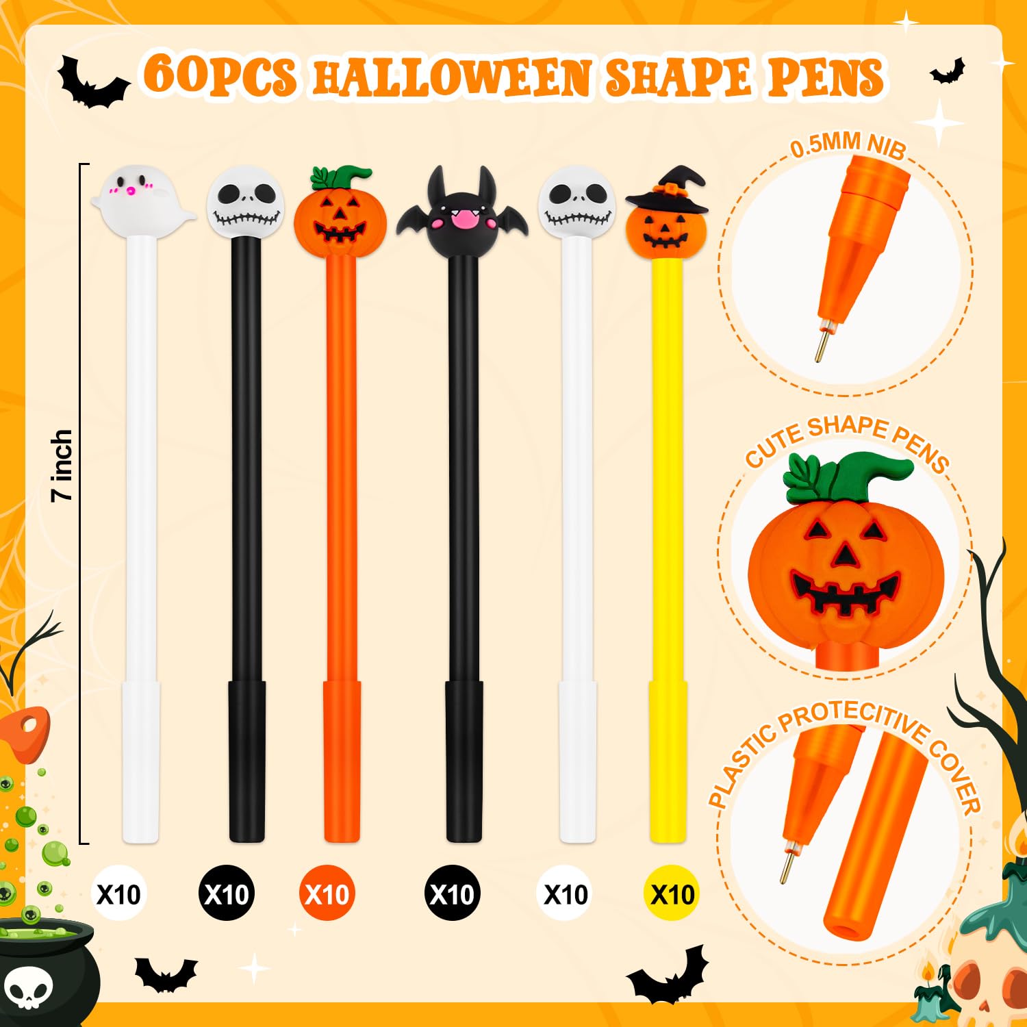 Snapklik.com : 60 Pcs Halloween Pens, Pumpkin Skull Heads Ghost Bat ...