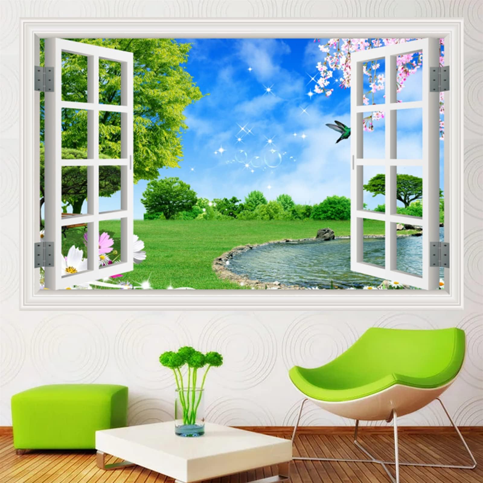 Amazon.com: HOTIYOK3D Fake Window Wall Sticker Wild Flowers Green ...