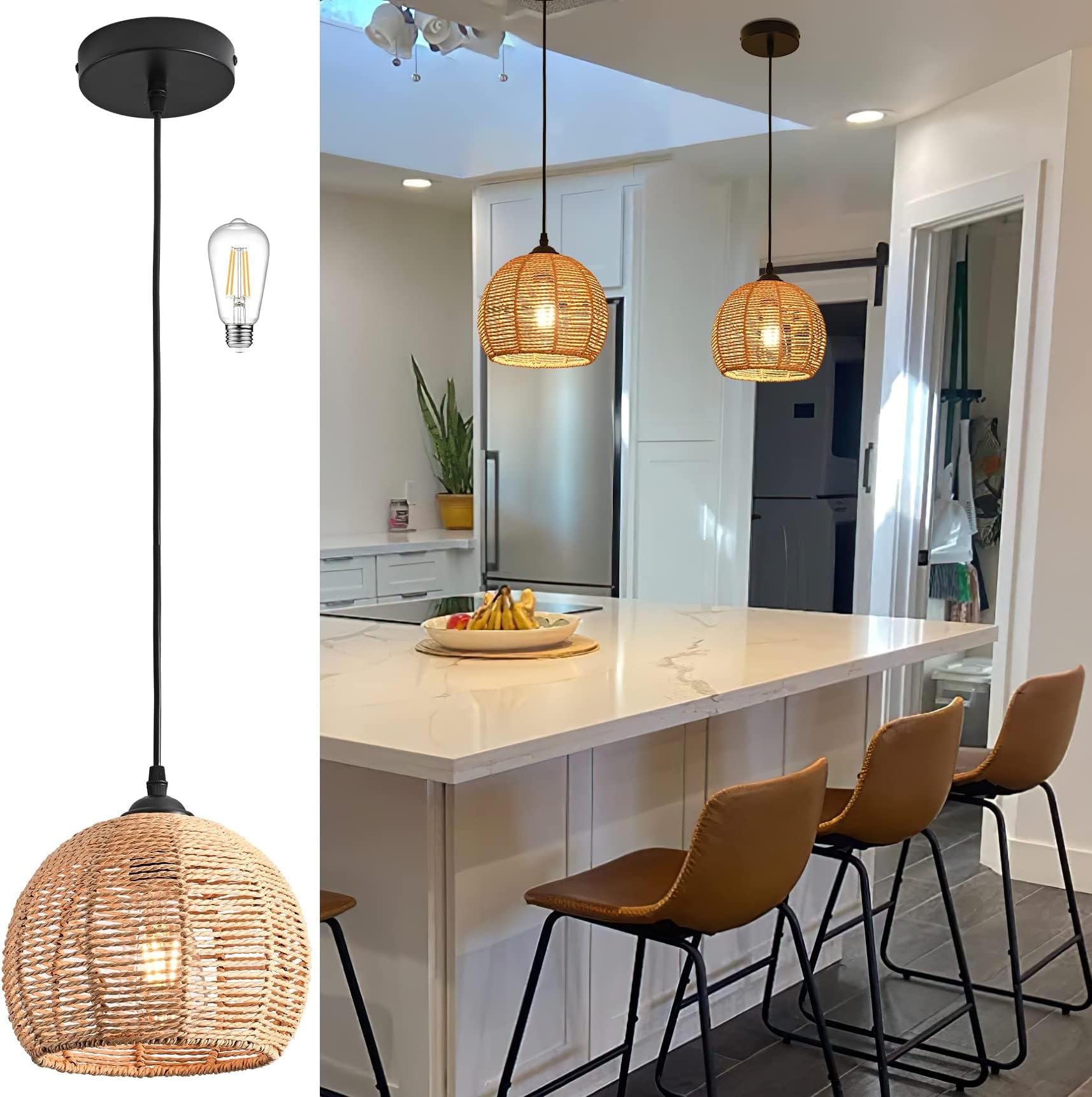 Rowabi Rattan Pendant Light - Bamboo Pendant Light, Boho Lamp, Rattan ...