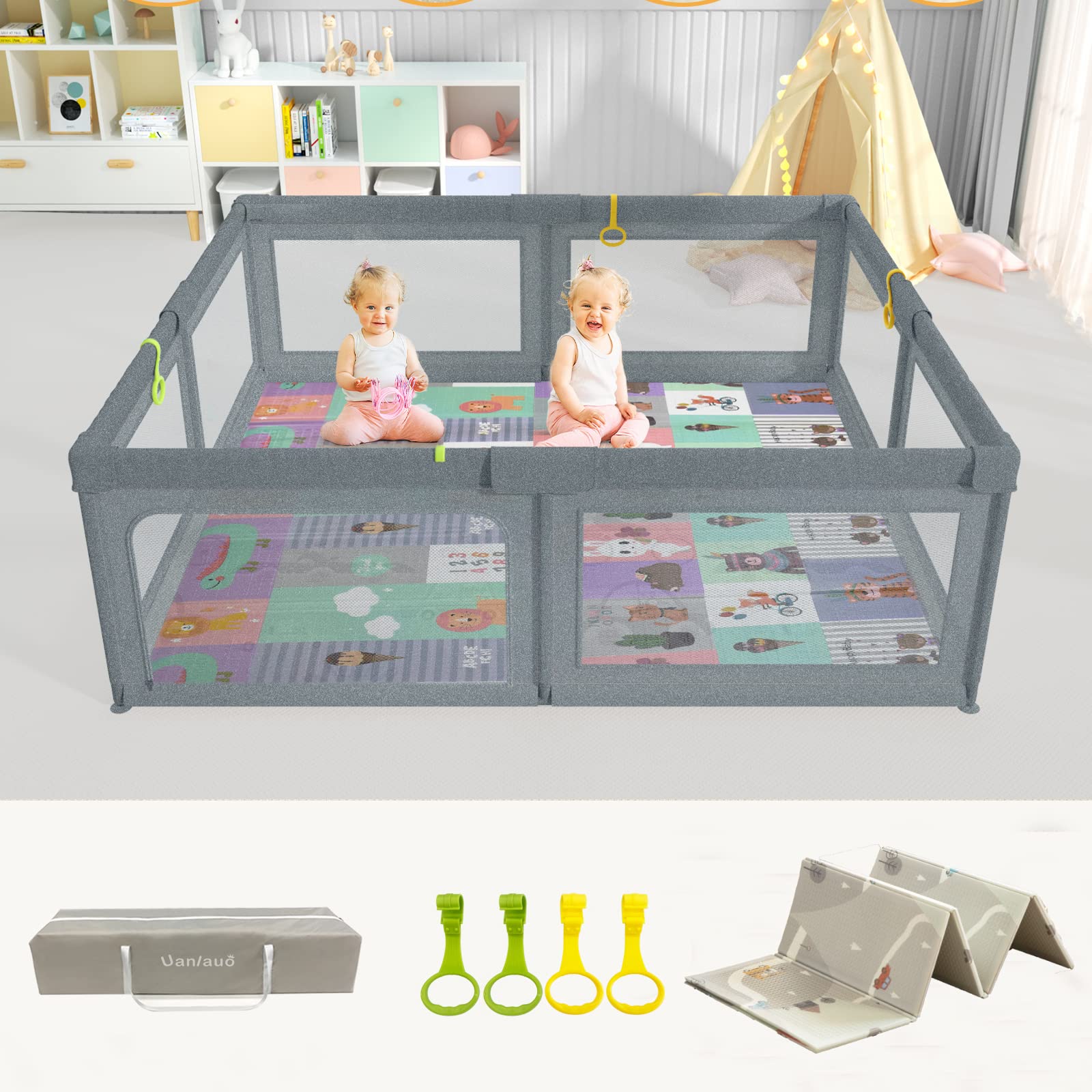 UANLAUO Baby Playpen with Play Mat, 71 x 59in Large Play Pens with Anti ...