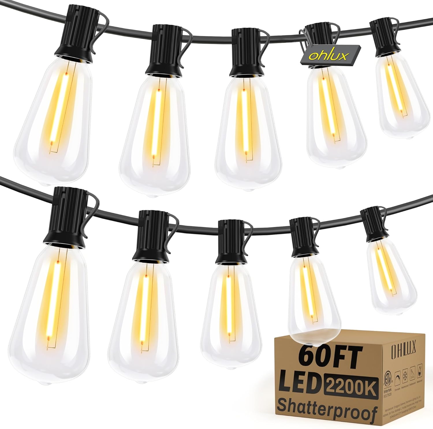 OHLUX Bistro String Lights Outdoor, 60FT Deck Lights with 32 ...