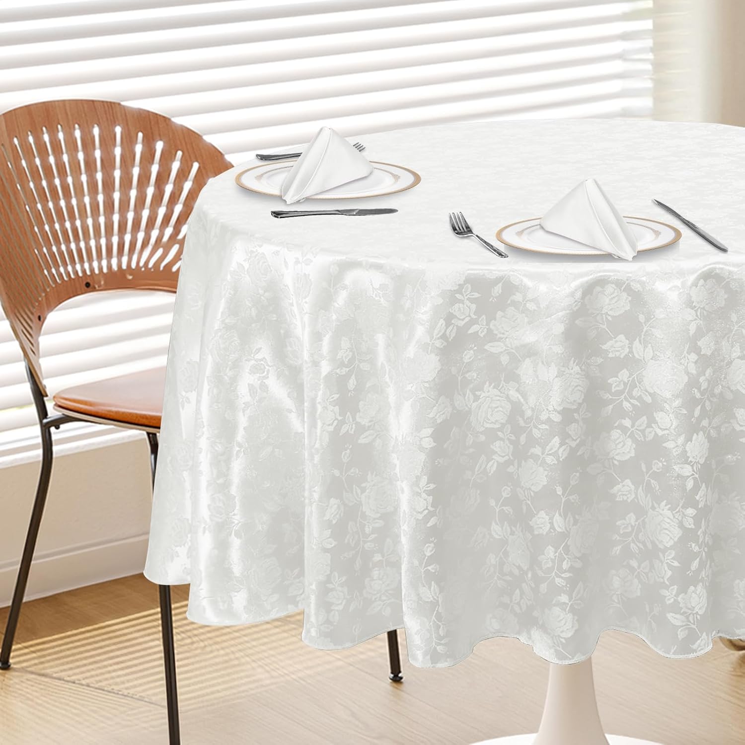 Amazon.com: Cobedzy White 60" Round Satin Tablecloth, Jacquard Stain ...