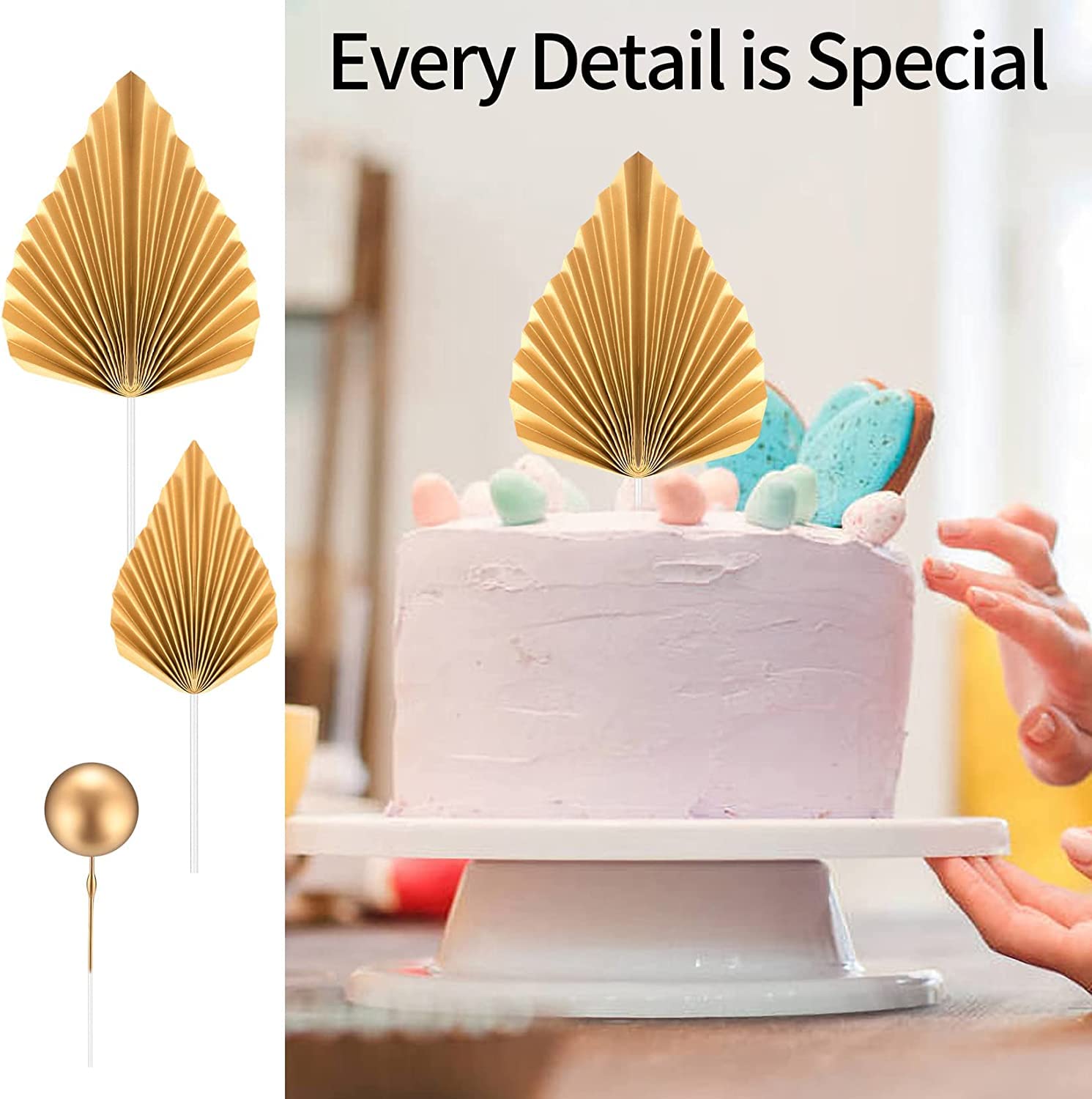 Snapklik.com : 20 Pcs Gold Balls Cake Toppers, 8 Pcs Gold Palm Leaves ...