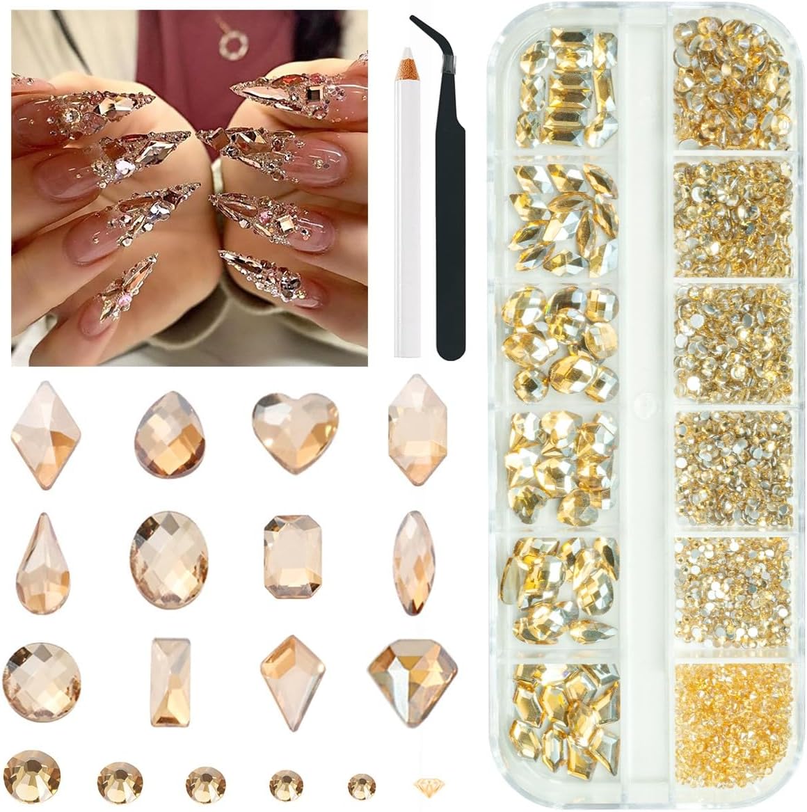 Amazon.com: 2530Pcs Champagne Gold Nail Rhinestones 120 Multi Shapes ...