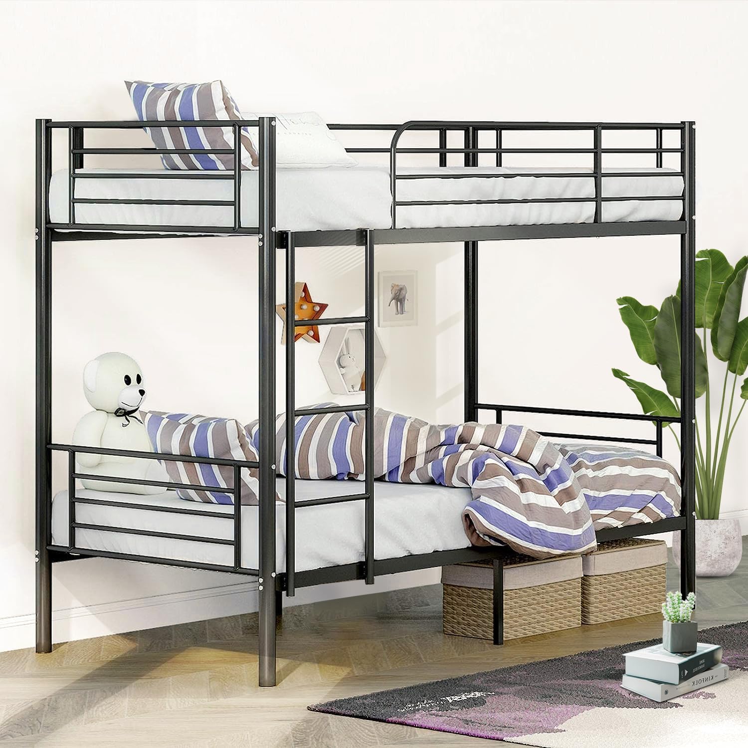 Amazon.com: Bunk Bed Twin Over Twin Size with Storage Shelf, Ladder and ...