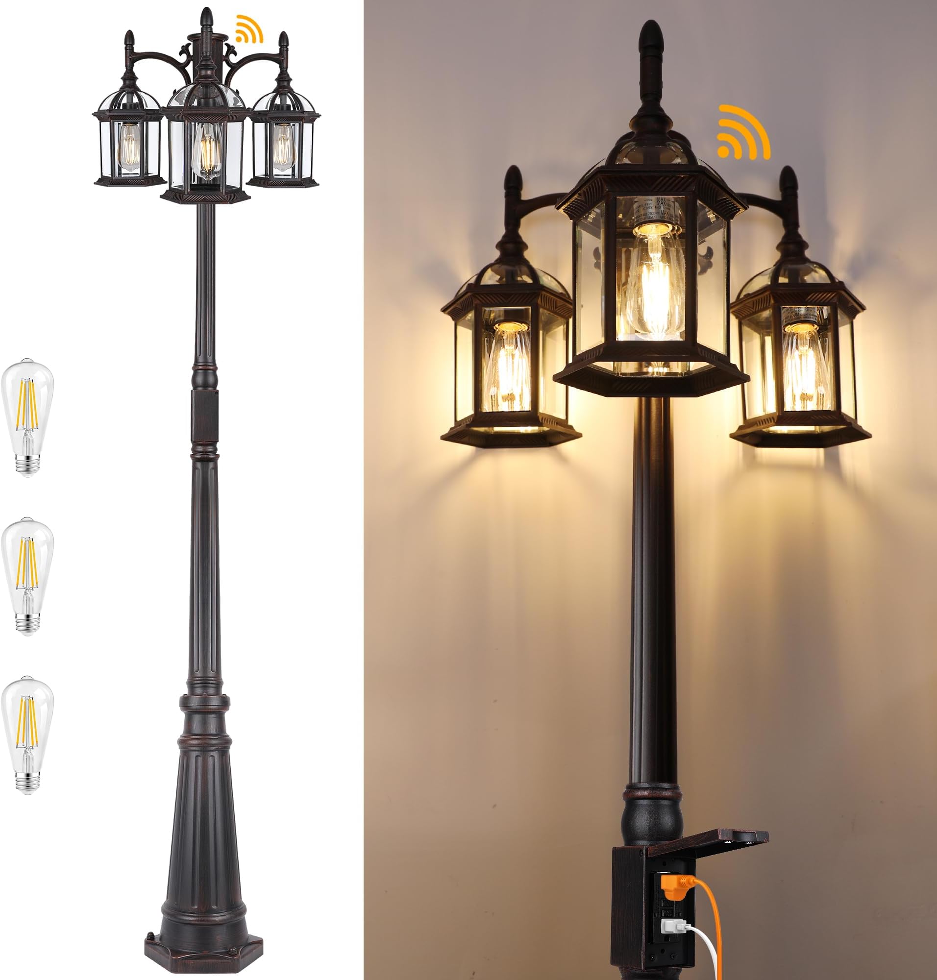 Dusk to Dawn Outdoor Lamp Post Light with GFCI Outlet, Triple Head ...