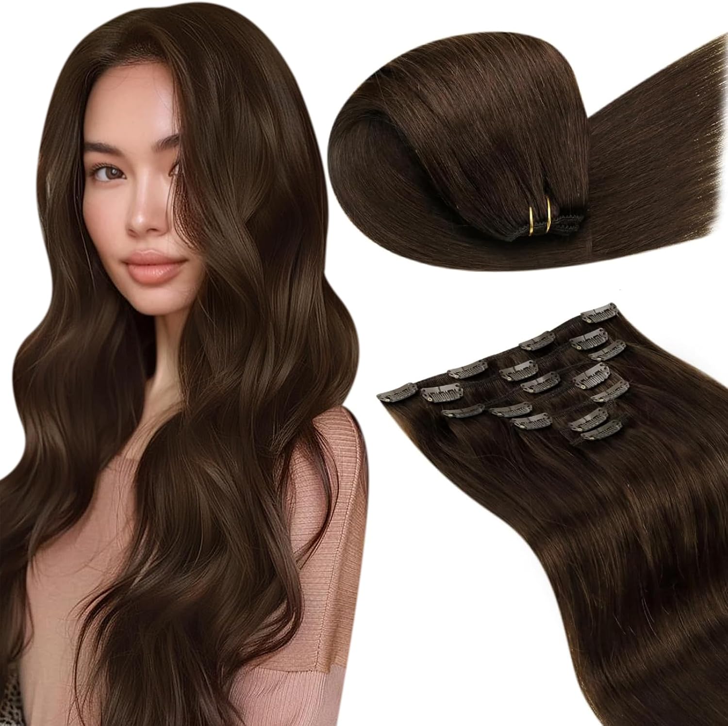 LaaVoo Hair Extensions Clip in Real Human Hair Brown Clip in Hair ...