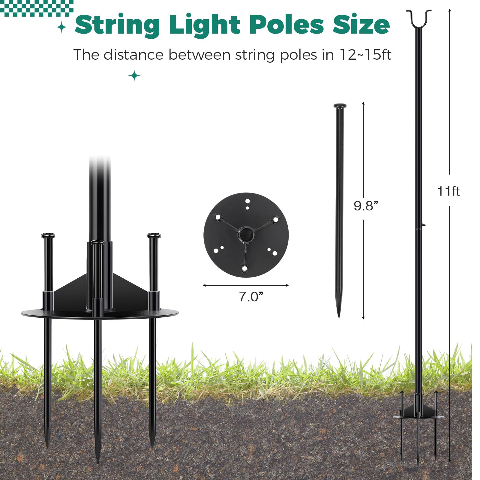 Black Metal String Light Stand 8 Pack Of 11ft Outdoor String Light ...