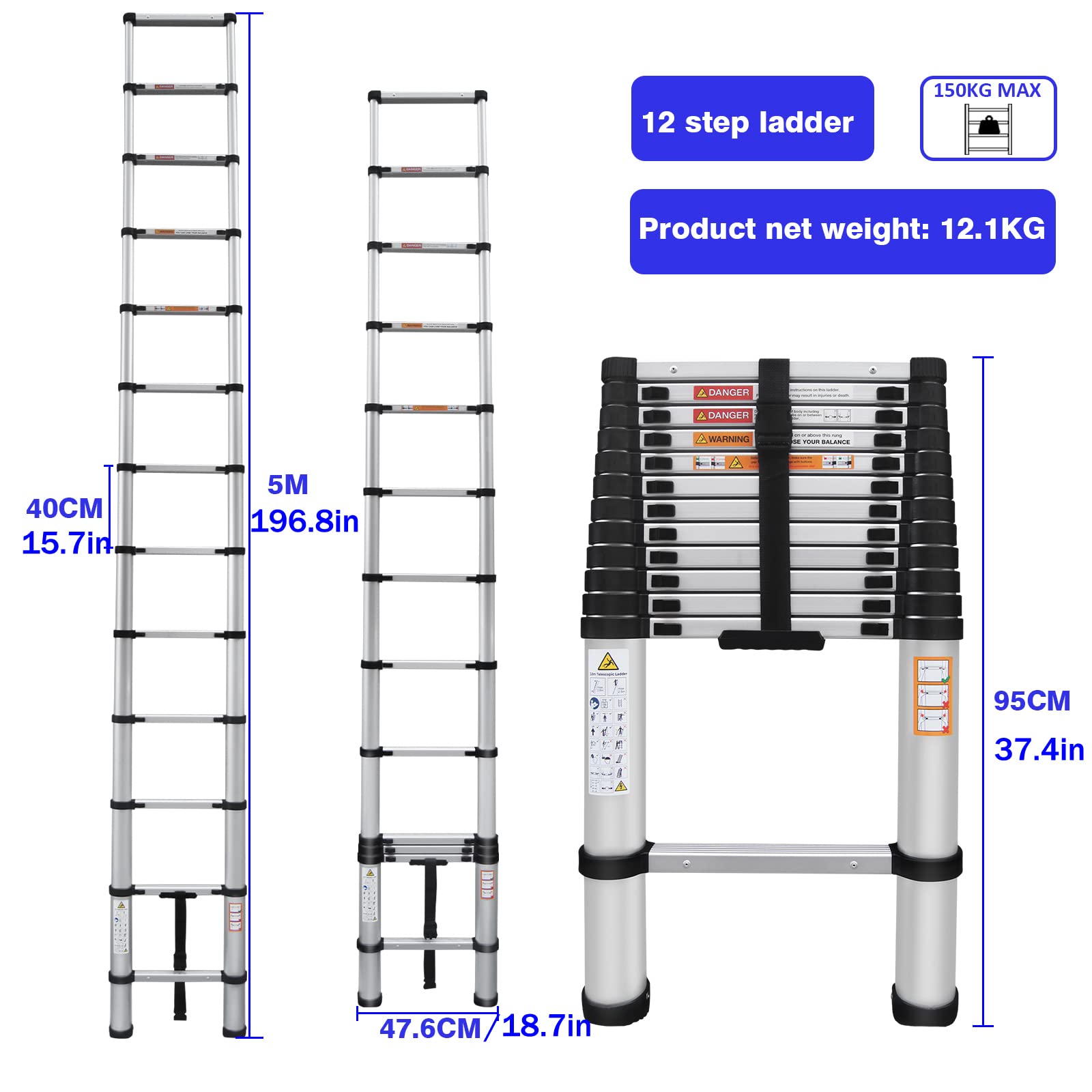 Telescoping Ladder 16.4FT Aluminium Telescopic Extension Ladder ...
