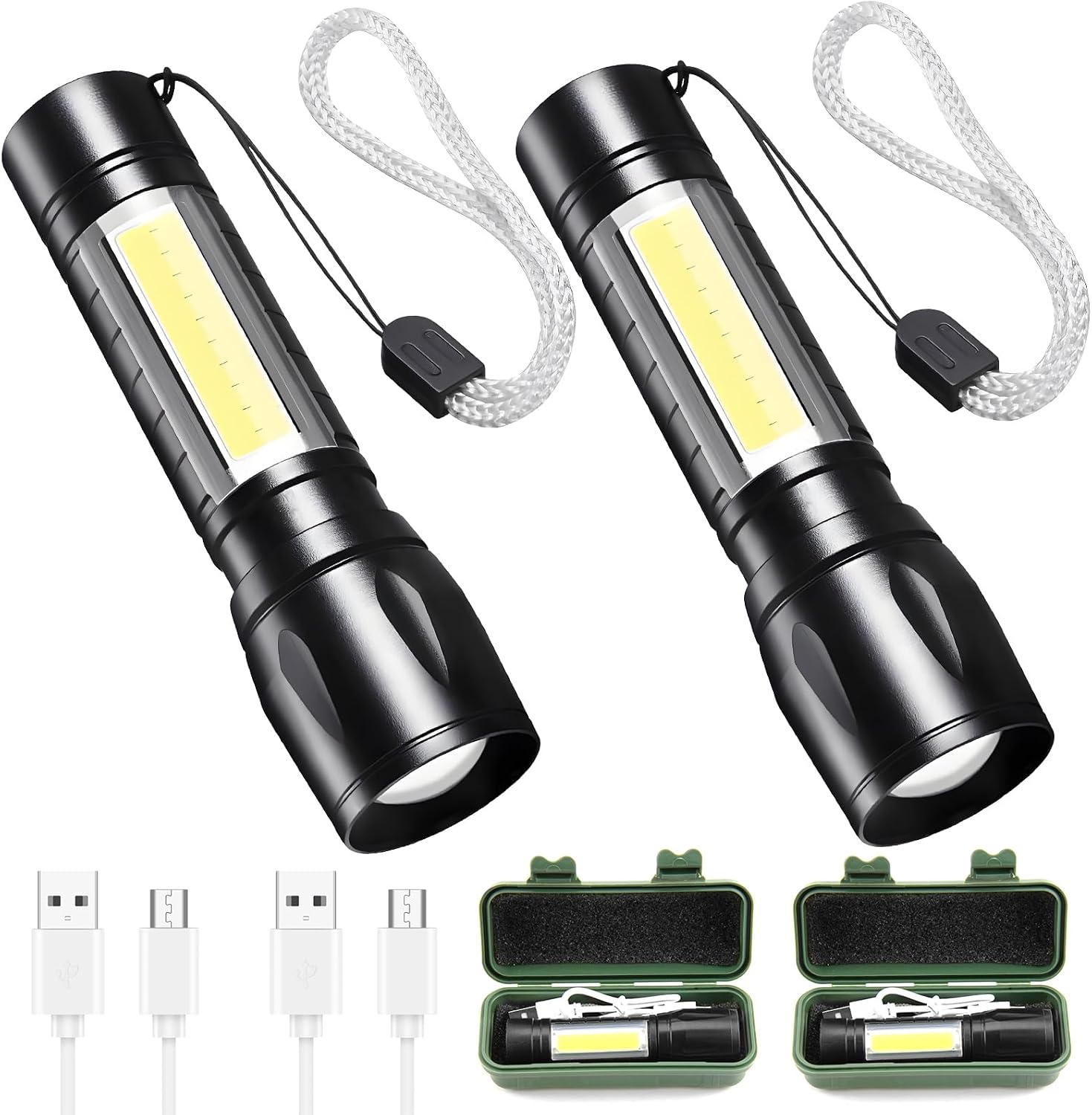2 Set LED Rechargeable Torch With Adjustable Focus - 3 Lighting Modes ...