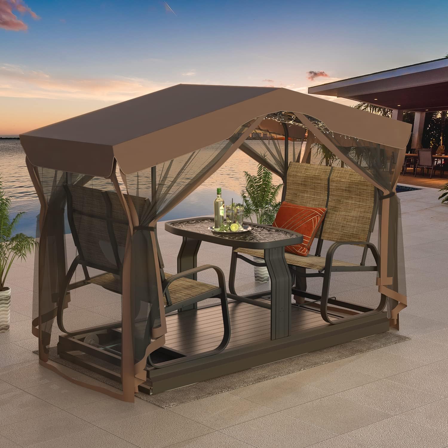 Mellcom 4 Seat Outdoor Glider Benches With Canopy Retro Metal Glider Chair For Outside Porch