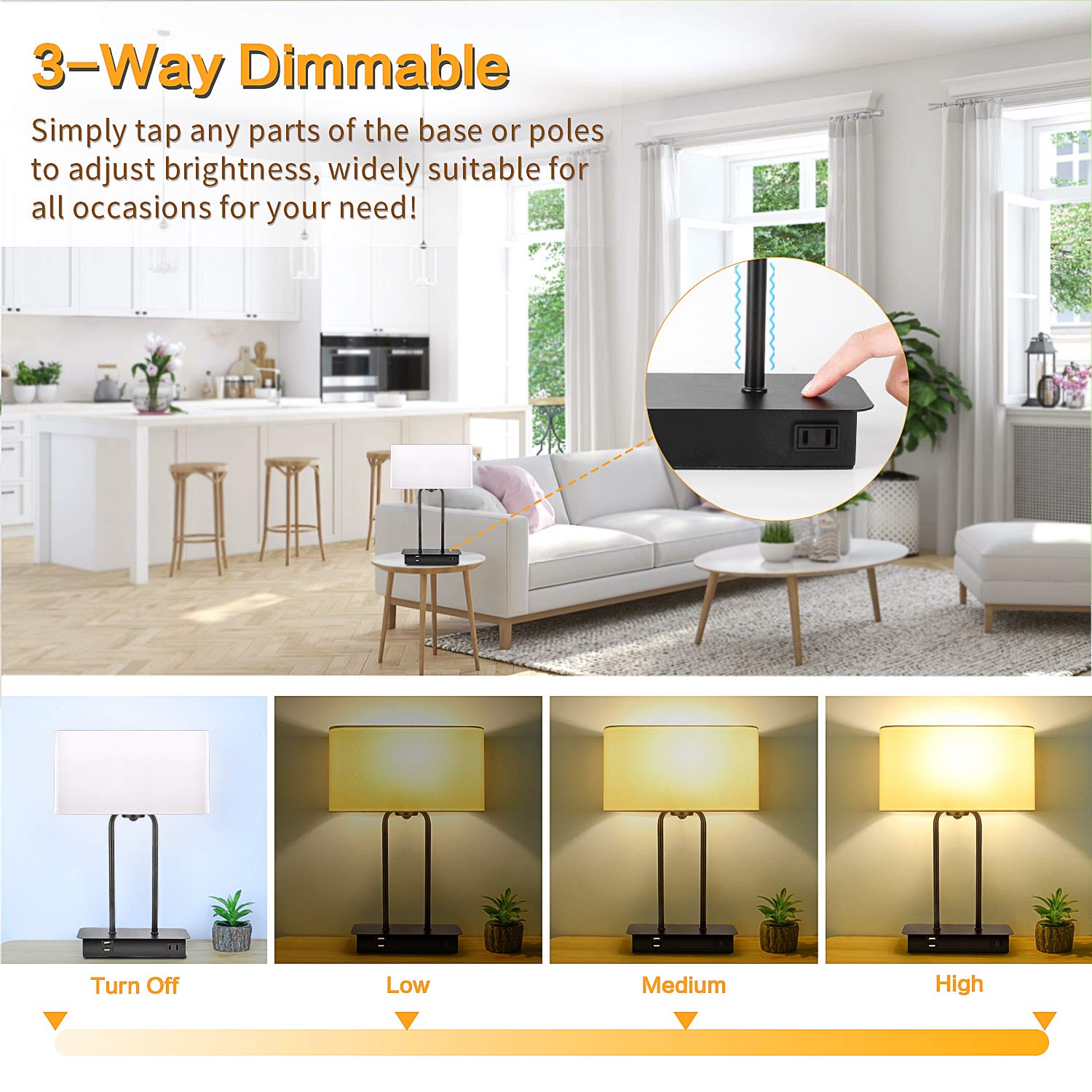 3-Way Dimmable Touch Control Table Lamp with 2 USB Ports and AC Power ...