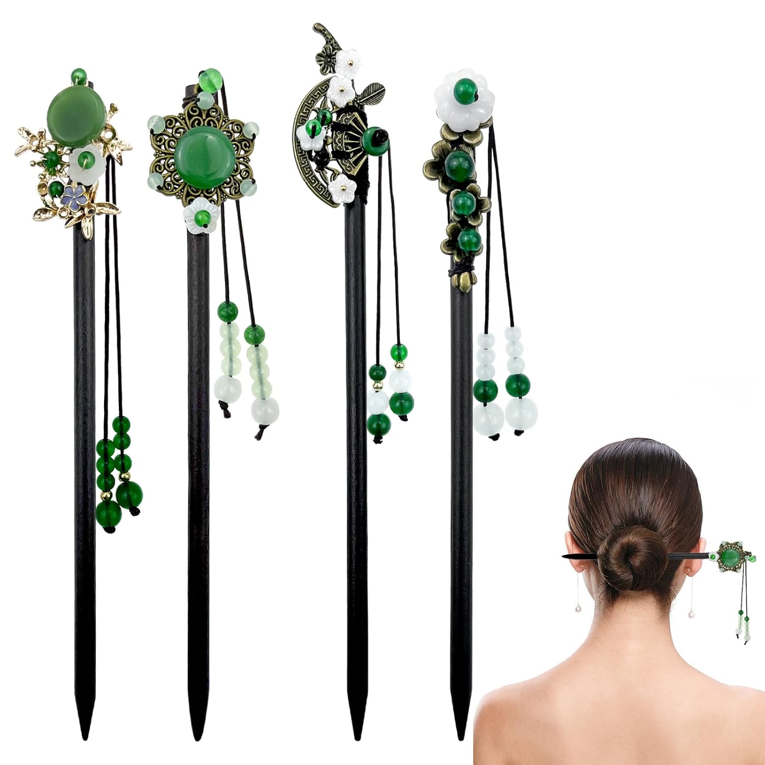 Amazon.com : 4 Pack Chinese Hair Stick for Buns Chinese Green Beads ...
