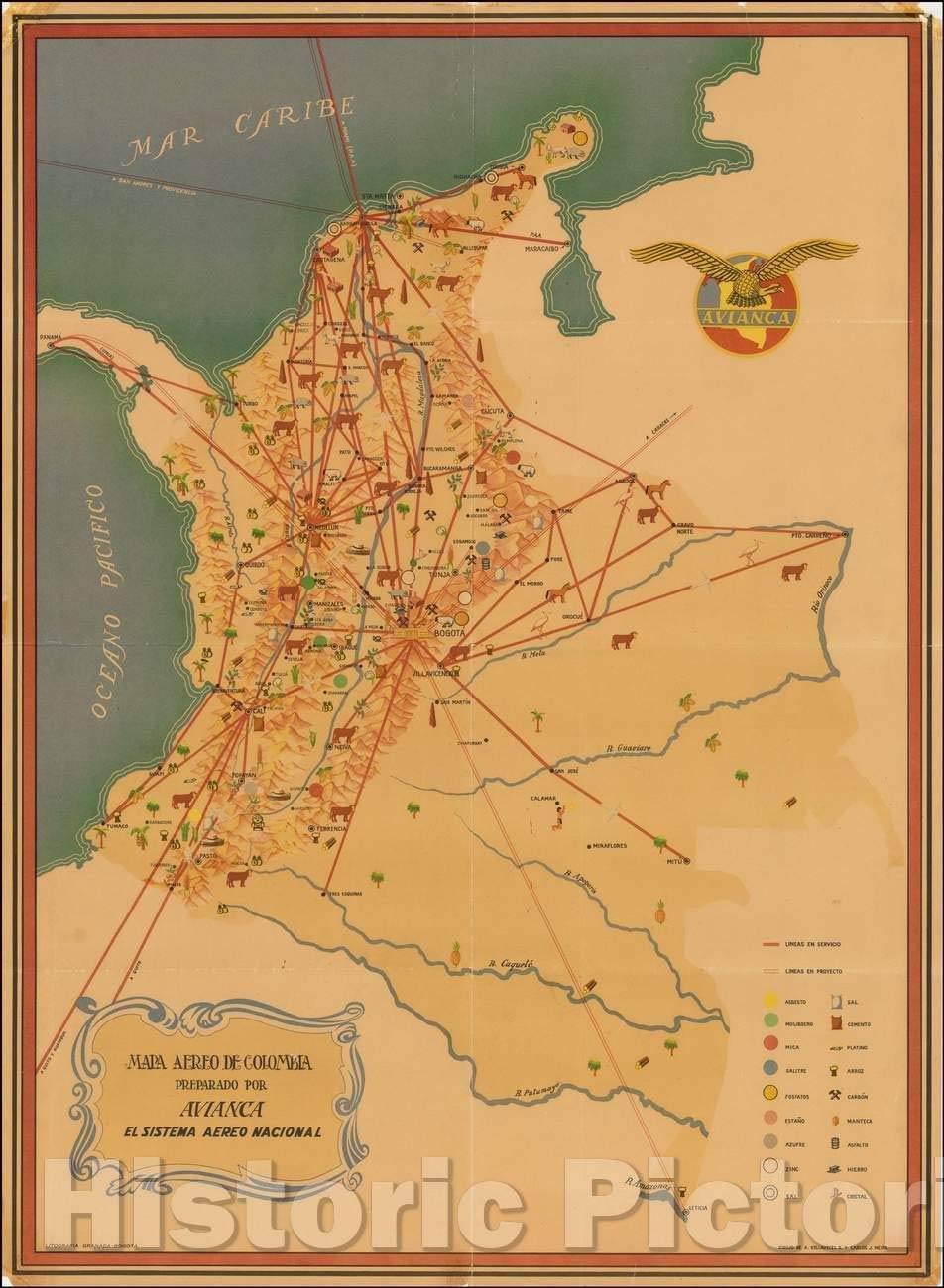 Historic Map Mapa Aereo De Colombia Preparado Por Avianca El ...