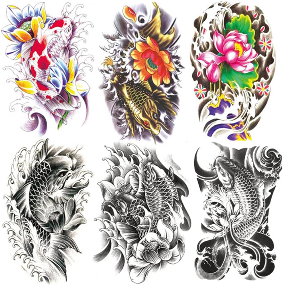 Amazon.com : Kotbs 6 Sheets Temporary Tattoos Large Koi Fish Body ...