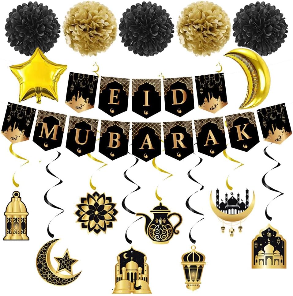 Amazon.com: Eid Decorations Eid Mubarak Banner Eid Hanging Swirls Paper ...