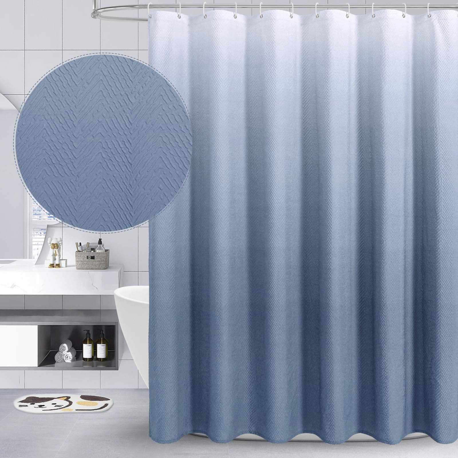 Amazon.com: Gibelle Ombre Blue Shower Curtain, 3D Embossed Textured Herringbone Fabric Shower ...