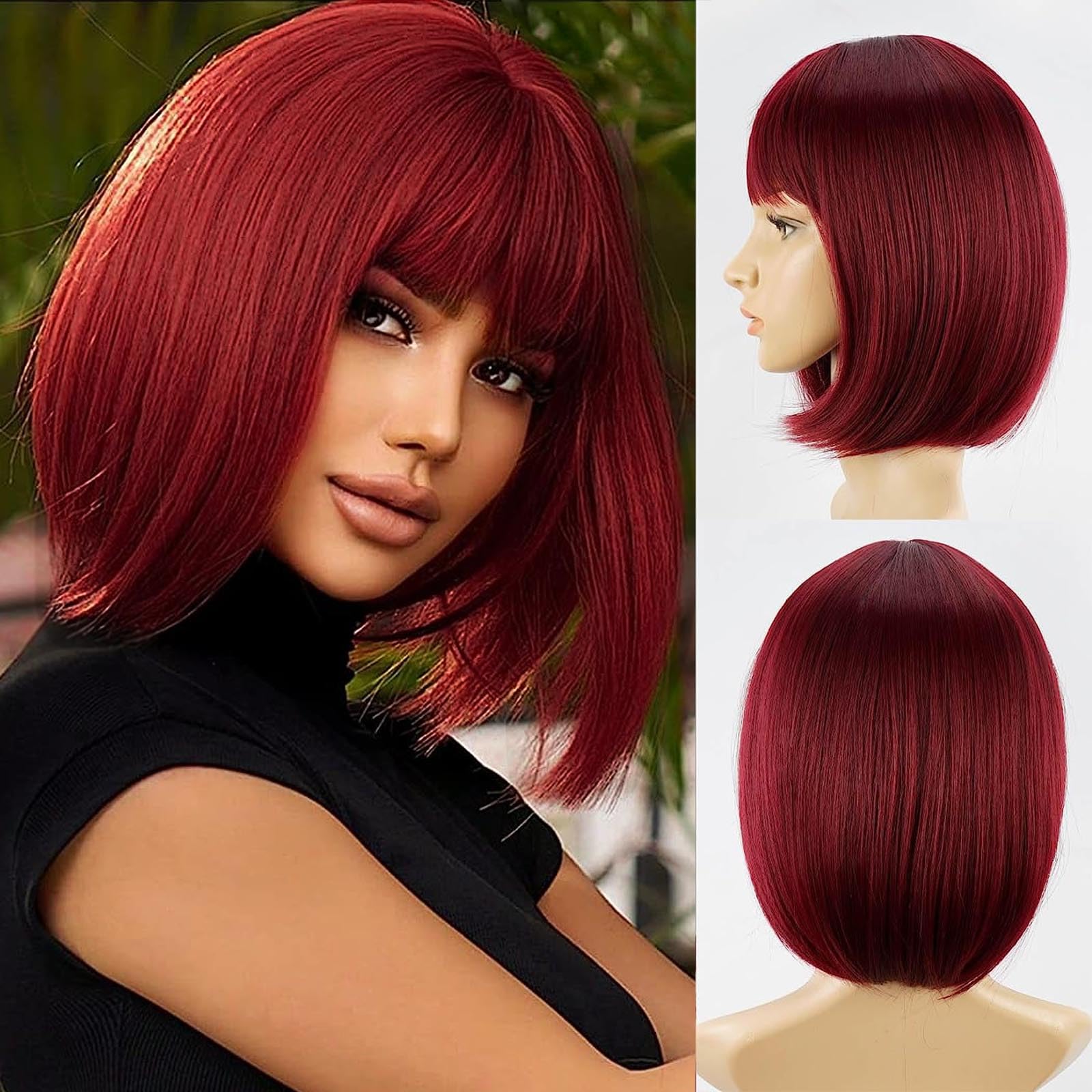 YOUNIGA Burgundy Bob Wig With Bangs 12 Inch Wine Red Wig Short ...