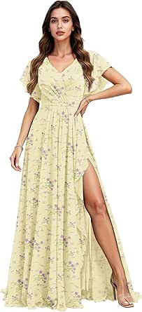 Amazon.com: Women's Beige Floral Maxi Dress French Style V Neck Ruffle ...