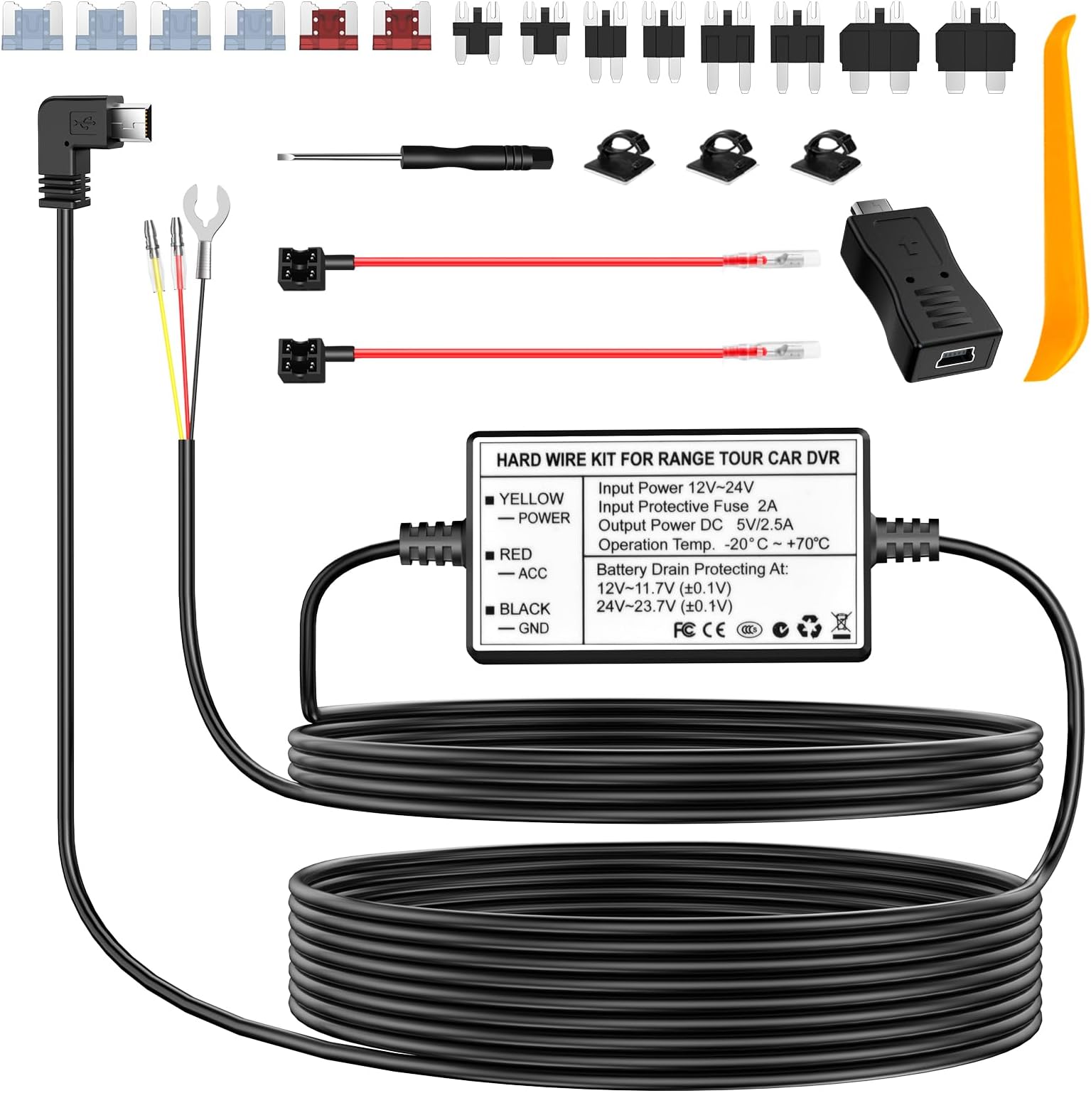 Vantrue 11.5ft Type C USB 12V 24V to 5V Dash Cam Hardwire Kit with Add ...