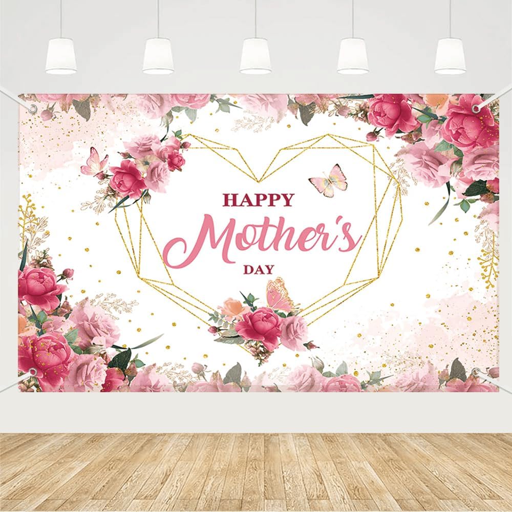 Amazon.com : MEHOFOND Floral Happy Mother's Day Backdrop Banner Pink Flower Mother's Day ...