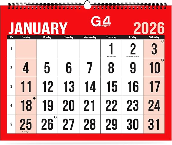G4GADGET 2026 Month to View Wall Calendar 27cm x 21cm – Easy View Grid ...