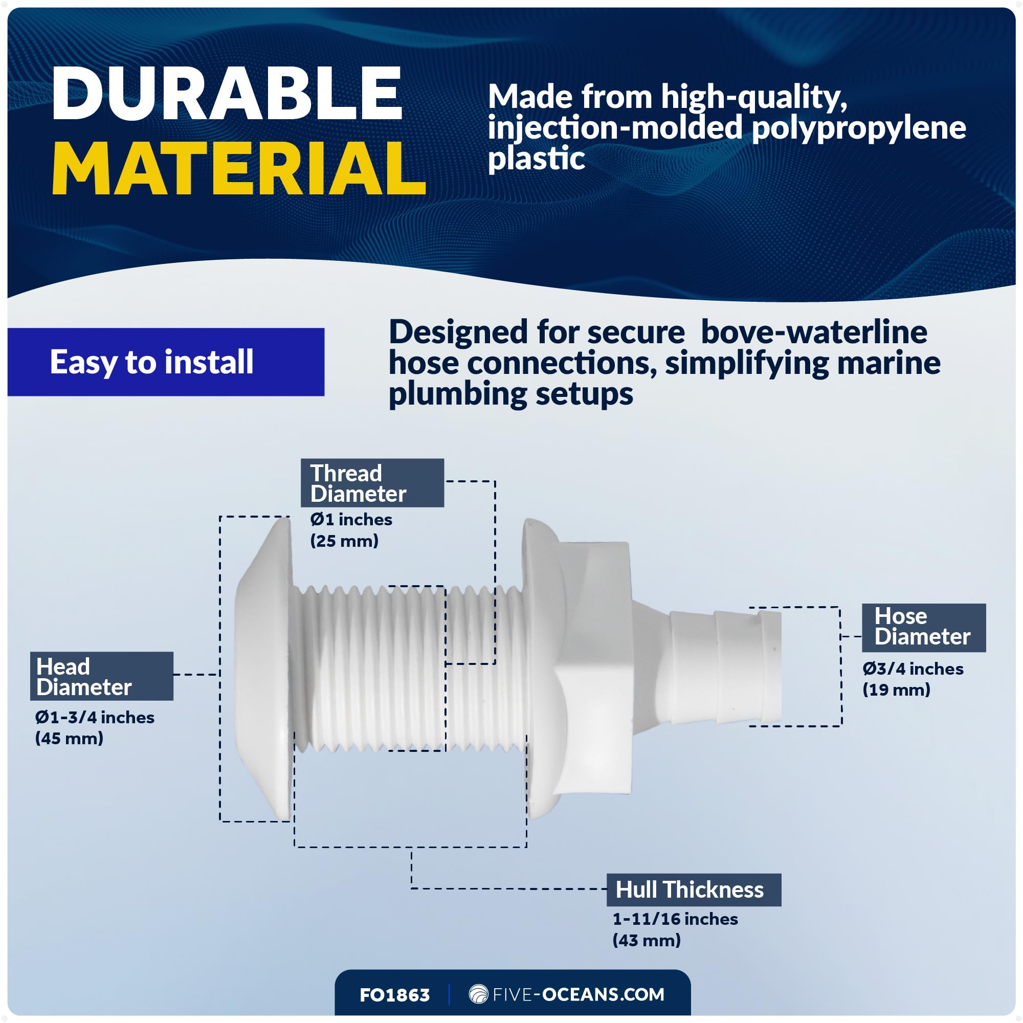 Snapklik.com : Five Oceans 3/4-Inch Thru-Hull Fittings For Boat