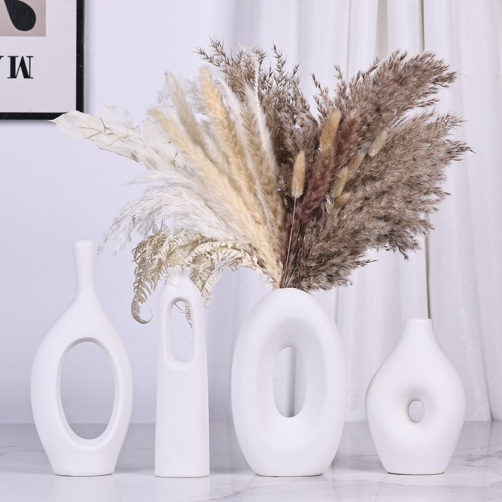 Amazon.com: White Ceramic Vase Set of 4 - Modern Round Hollow Boho ...