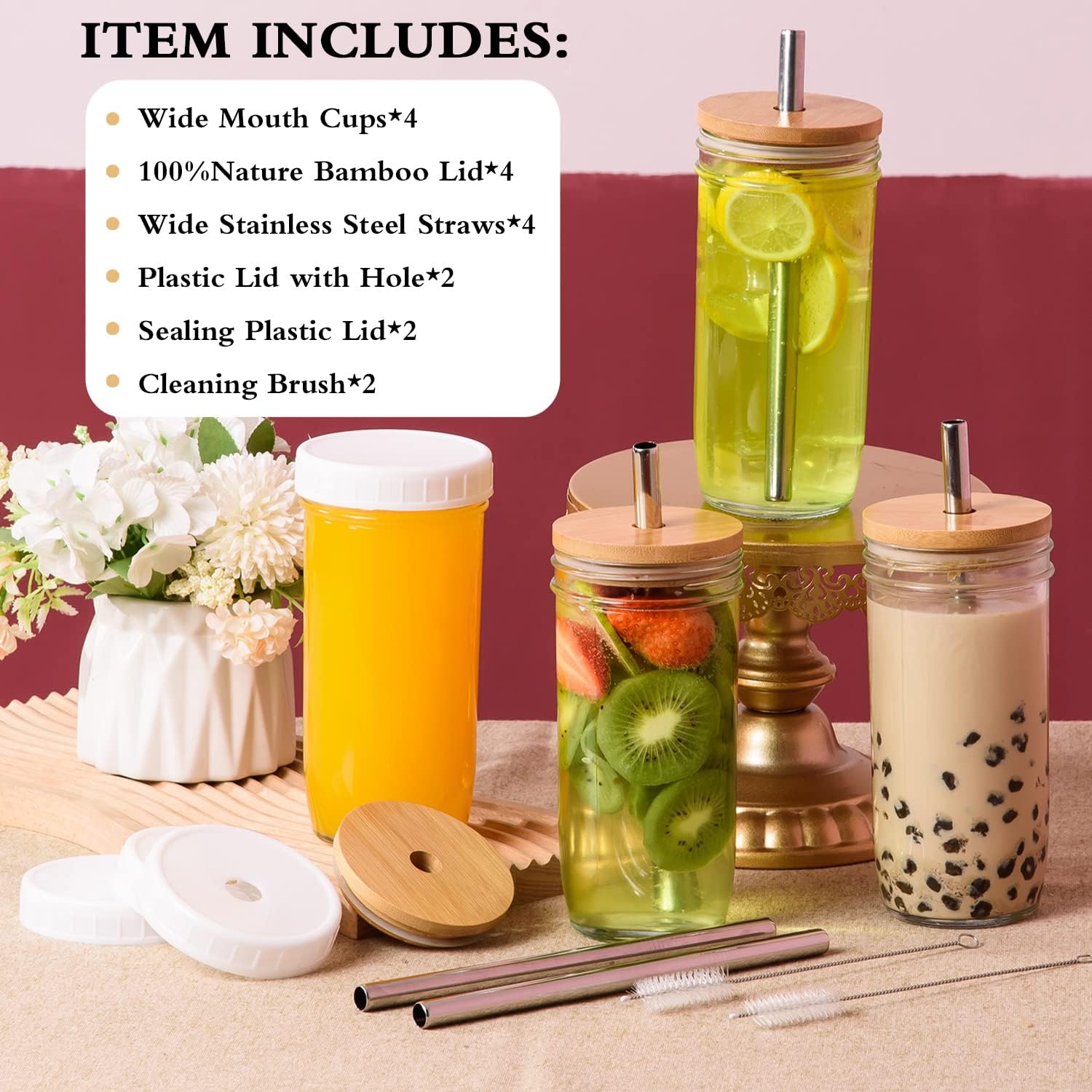 4 Pack ] Glass Cups Set – 24oz Mason Jar Drinking Glasses with Bamboo ...