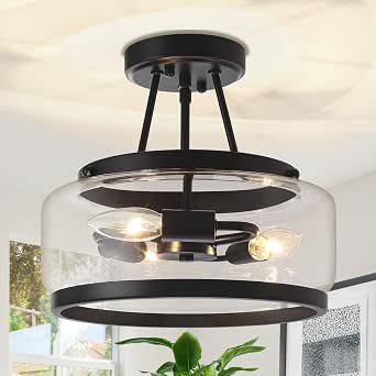 11.81" Black Glass Semi Flush Mount Ceiling Light, 3-Light Modern Light ...