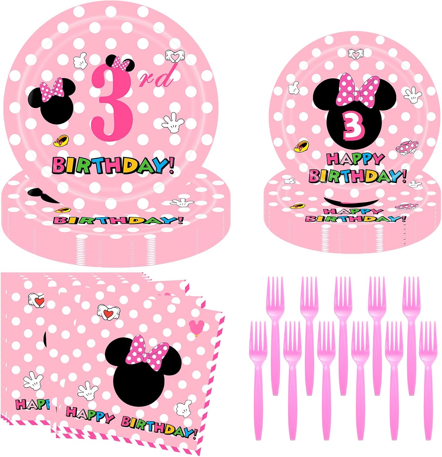 Amazon.com: W SXHTKJIN 80Pcs Minnie 3rd Birthday Party Supplies Minnie ...