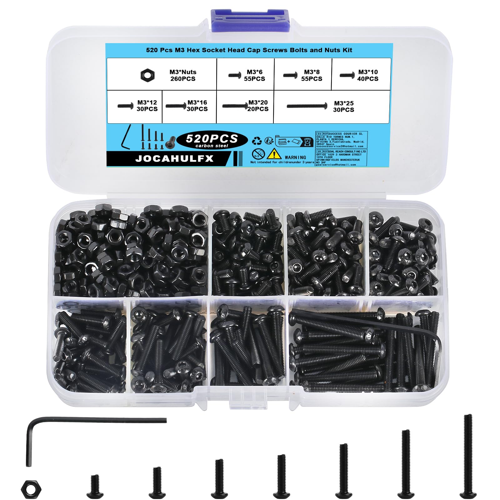 520 Pcs M3 Bolts and Nuts Set, M3 Hex Socket Button Head Cap Screws ...