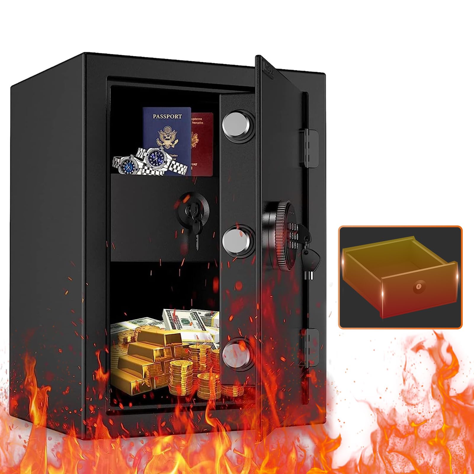 WASJOYE Fireproof Safe Cash Box - Security Home Safe Deluxe Safe with ...