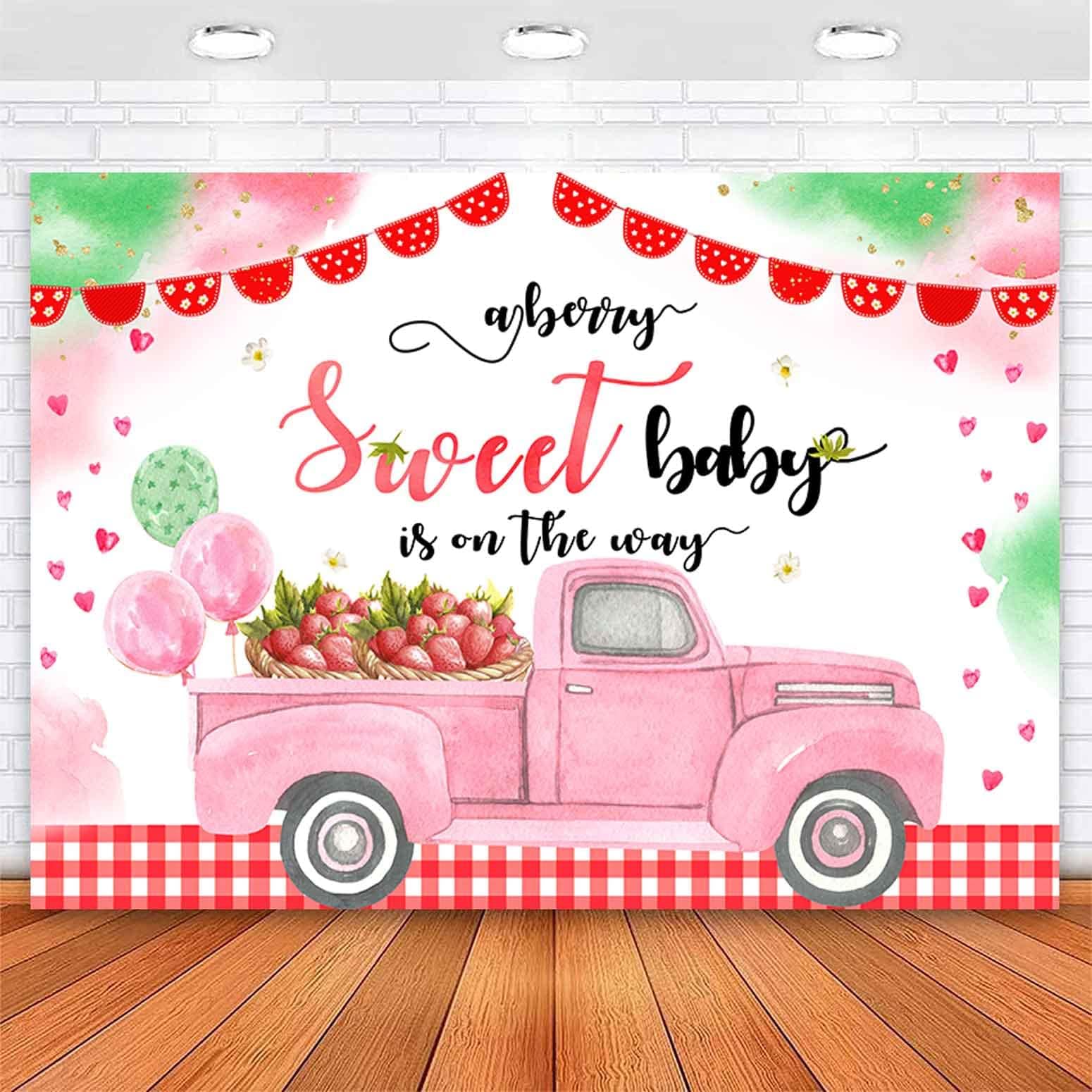 Amazon.com : Mocsicka Strawberry Baby Shower Backdrop Berry Sweet Baby is on The Way Party ...