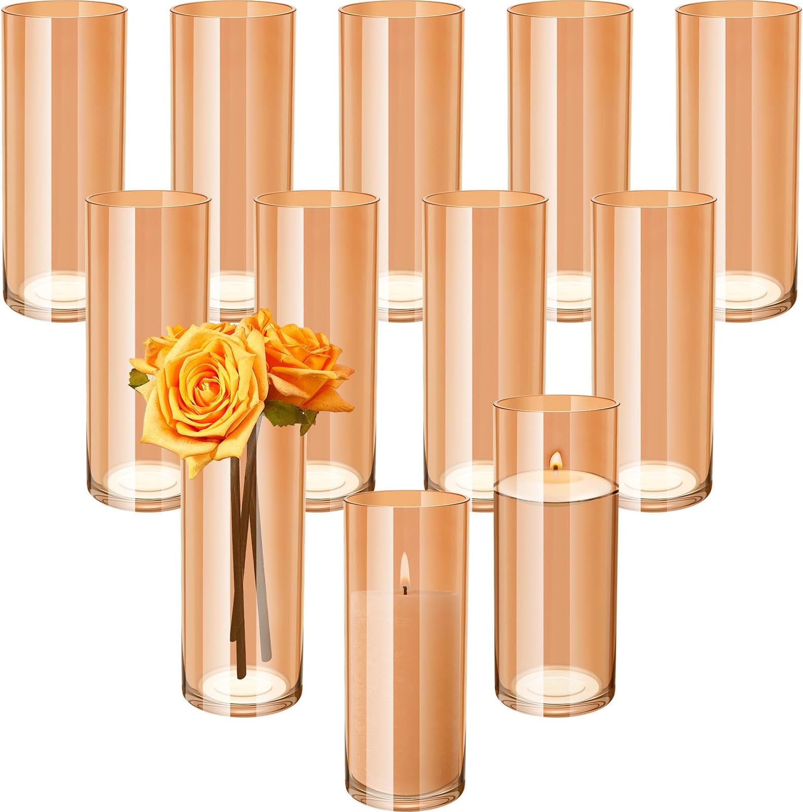 Amazon.com: Tessco 12 Pieces Amber Glass Vase 8 Inch Tall Cylinder Vase ...
