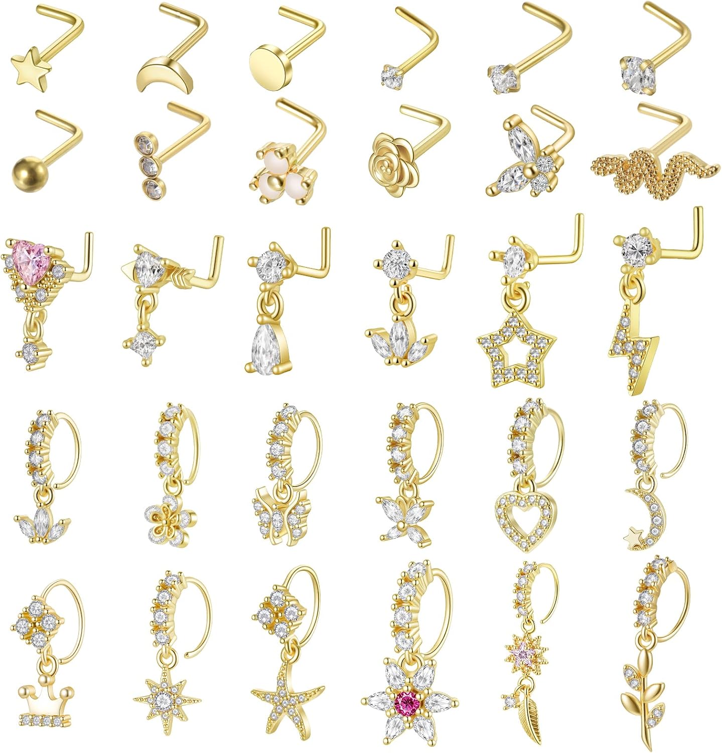 Telooco 30Pcs Dangle Nose Rings 20G Dangling Nose Rings L Shaped Studs ...