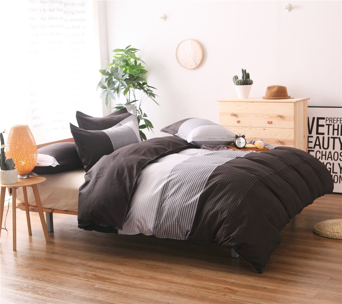 Tenghe Stripe Colorblock Print 3 Pcs Duvet Cover Sets Soft Reversible ...