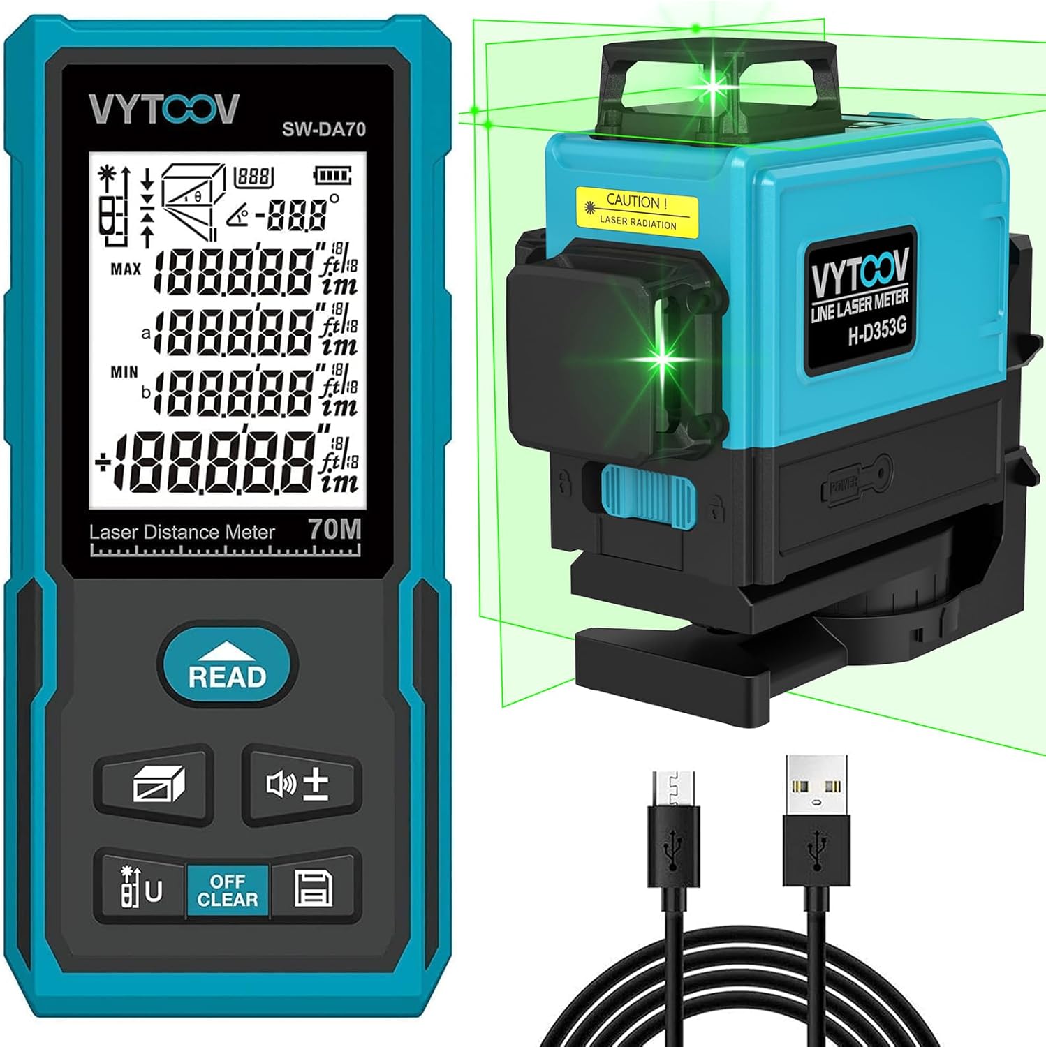 Rechargeable Laser Measure 229Ft/70M & 3 * 360 12 Lines Laser Level ...